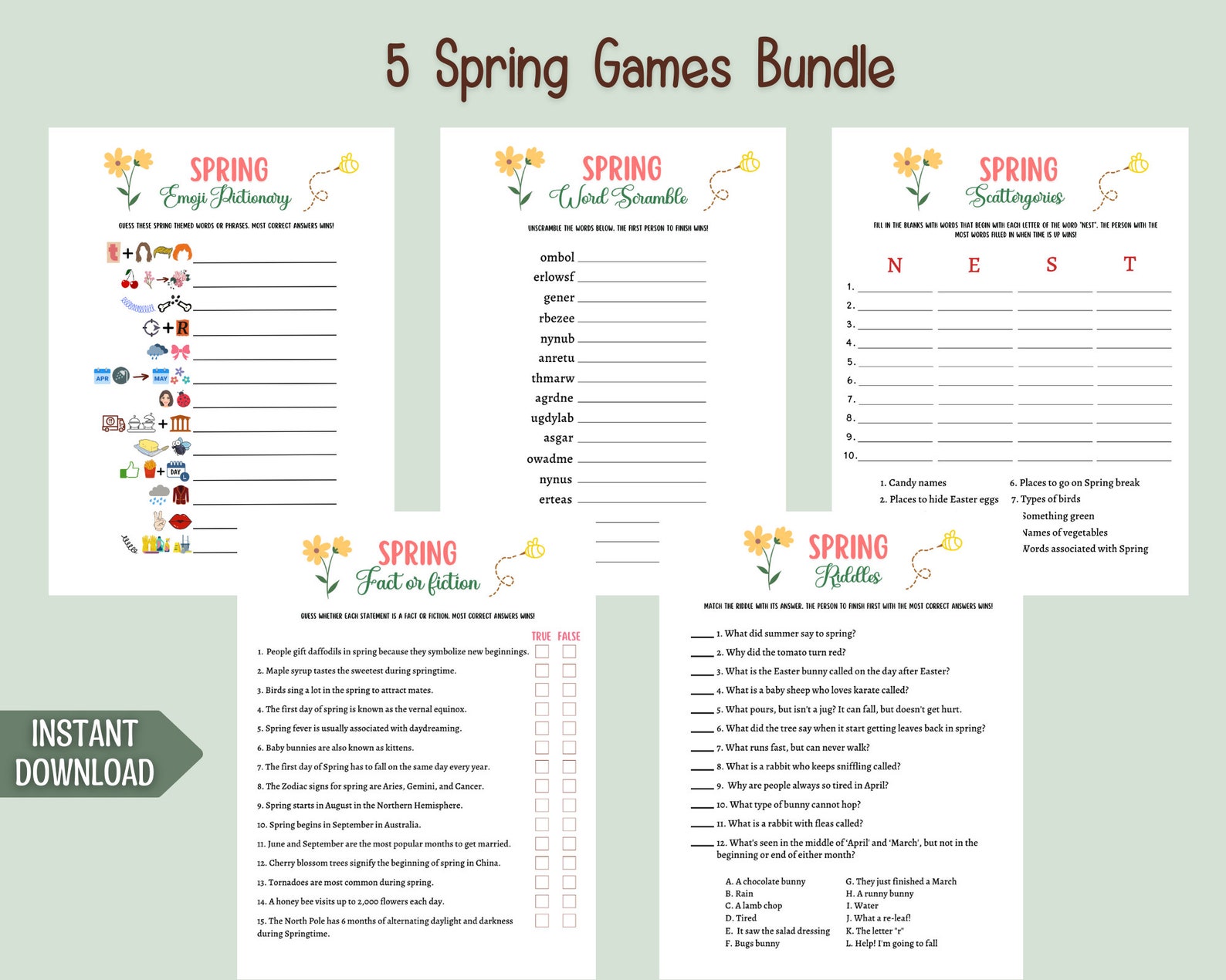 Spring Games Bundle Printable Spring Activities Adults & - Etsy