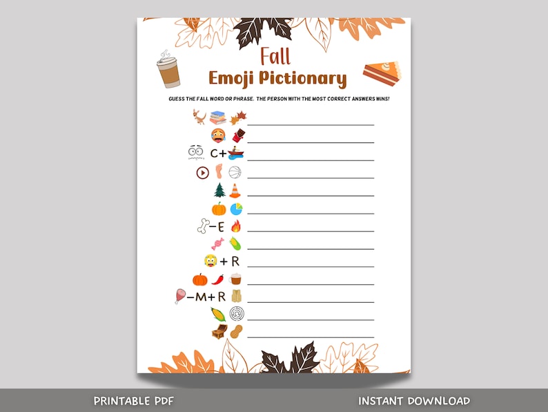 Fall Emoji Pictionary Game Printable, Fun Autumn Games, Emoji Game ...