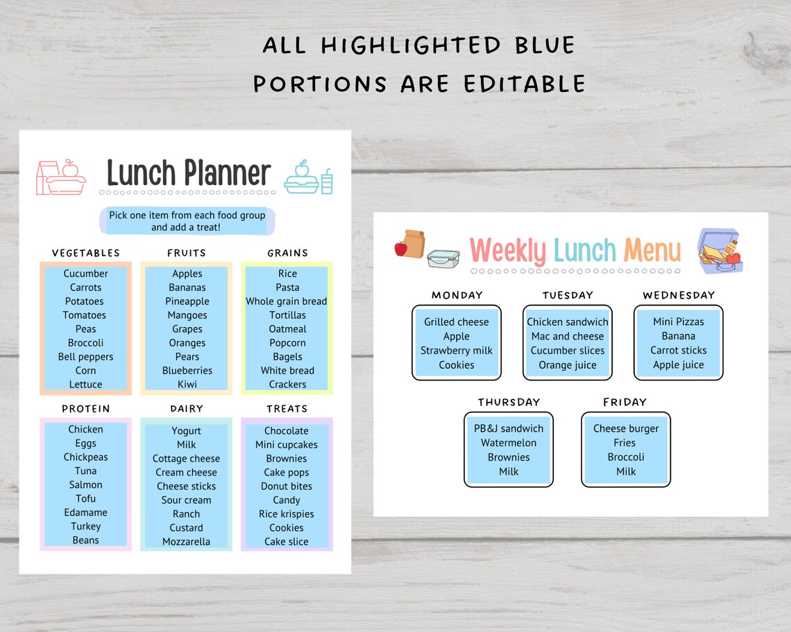 School Lunch Meal Planner Printable Editable Lunch Menu Kids - Etsy