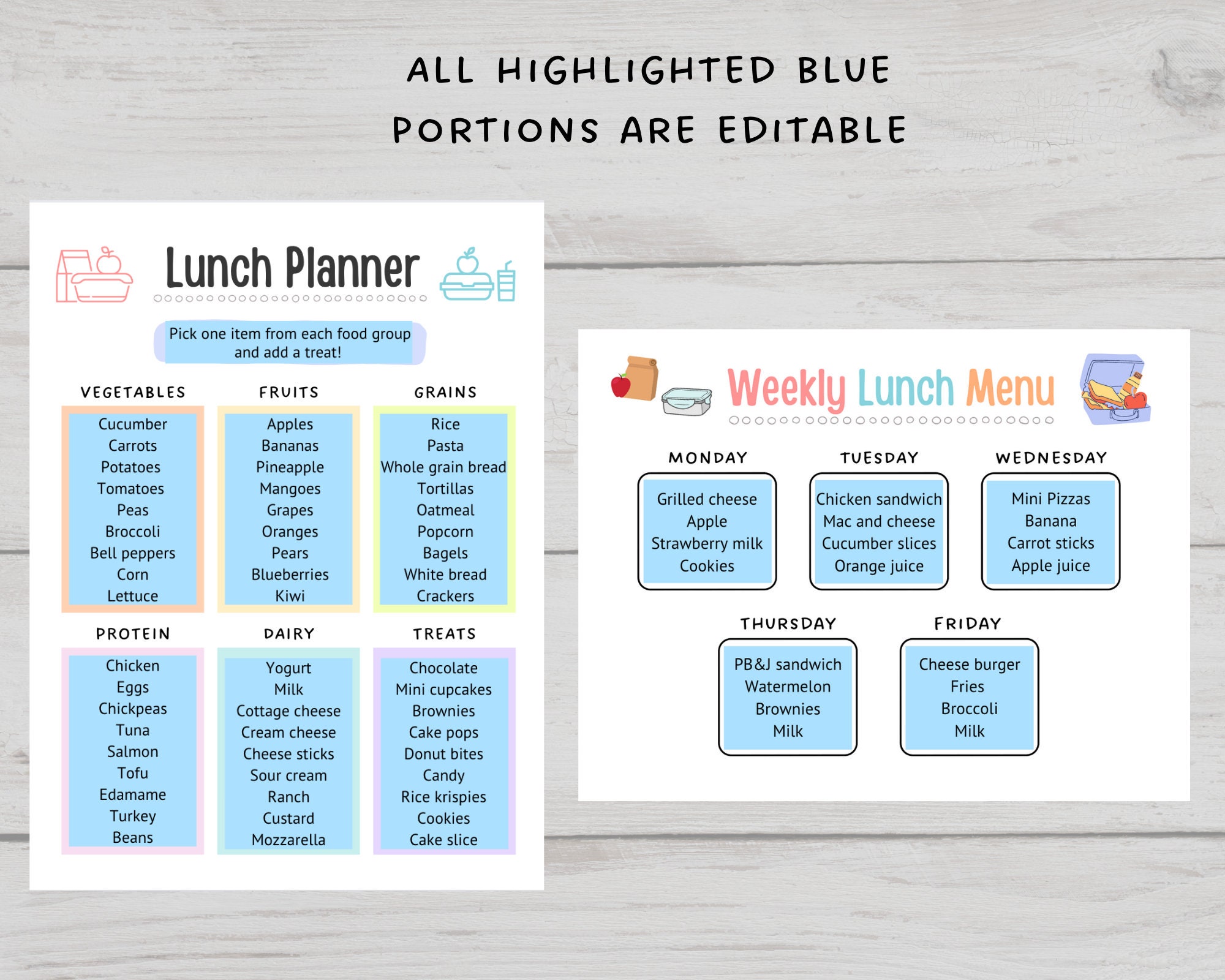 School Lunch Meal Planner Printable Editable Lunch Menu Kids - Etsy UK