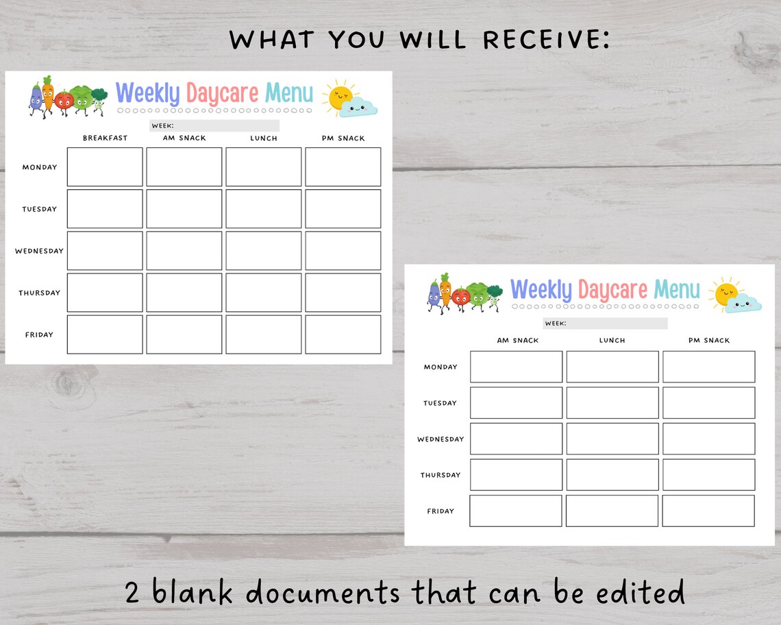 Daycare Weekly Menu Printable Home Daycare Monthly Meal - Etsy