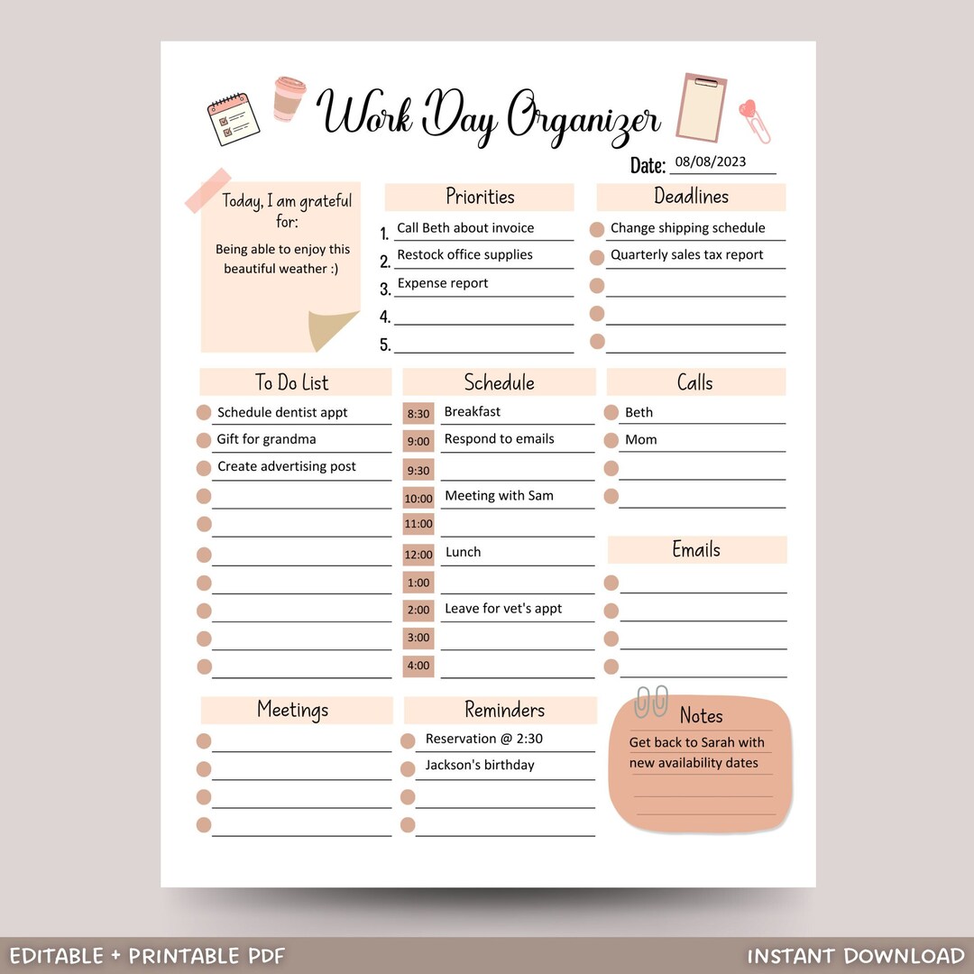 Work Day Organizer Editable Fillable Printable Work Planner - Etsy