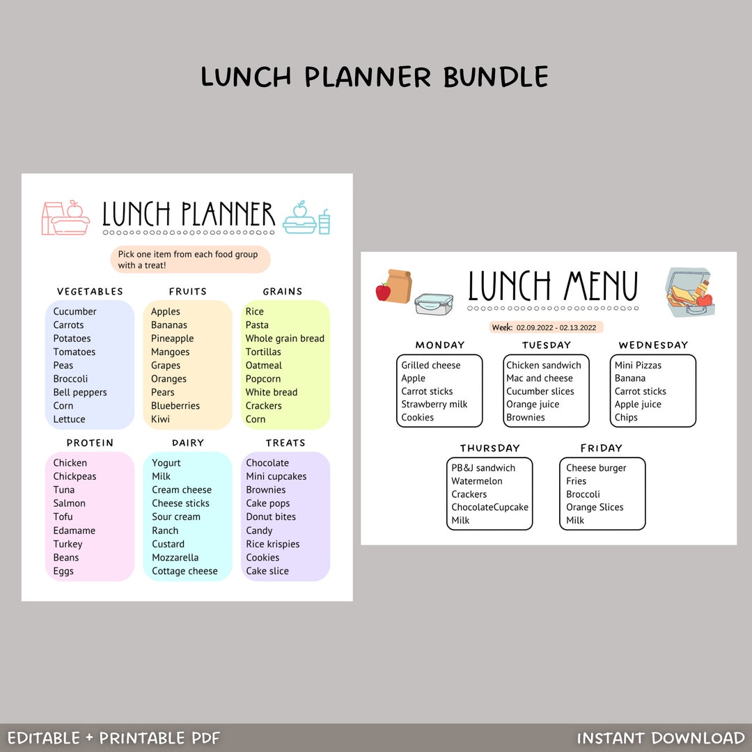 School Lunch Meal Planner Printable, Editable Lunch Menu Kids, Weekly ...
