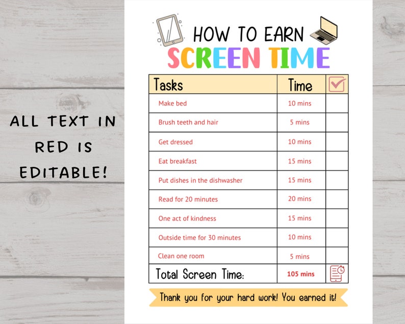 Screen Time Chart Checklist Editable Printable Screen Time - Etsy
