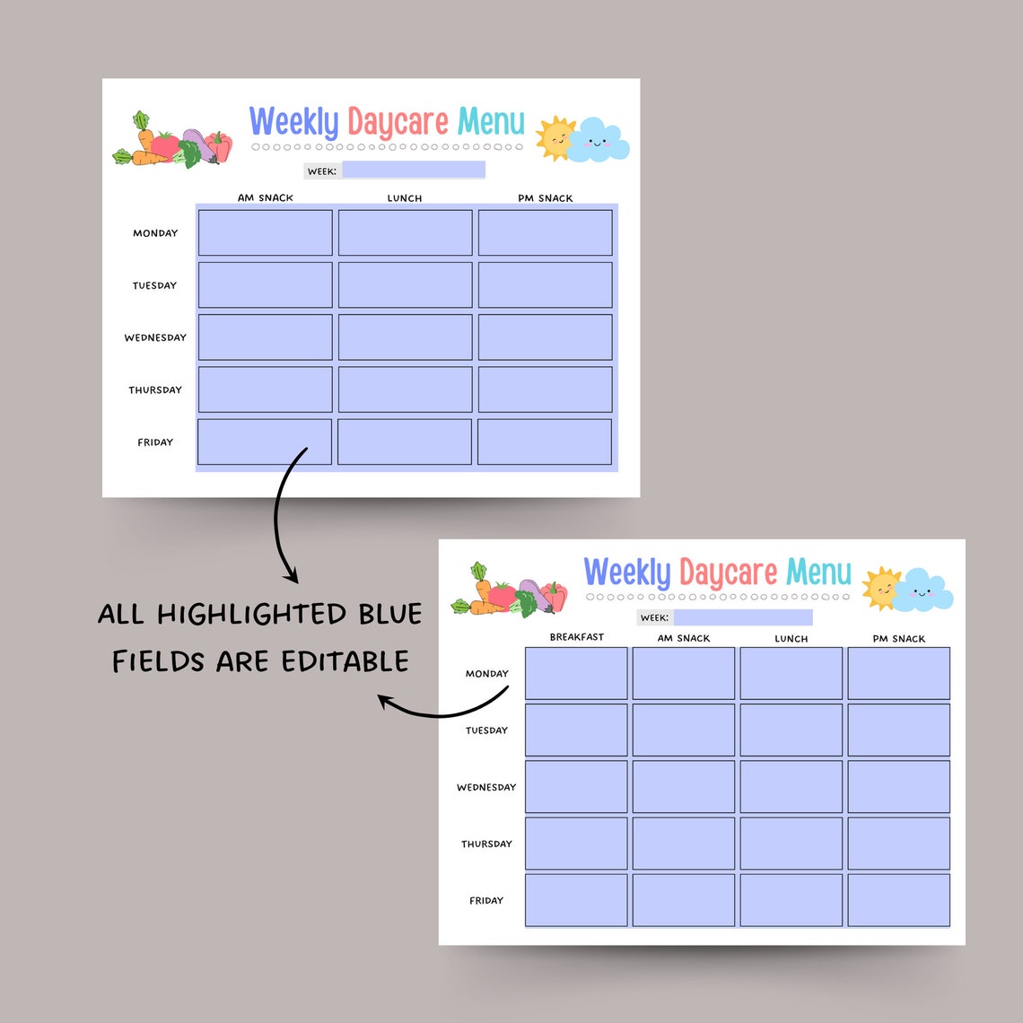 Daycare Weekly Menu Printable, Home Daycare Monthly Meal Planner ...