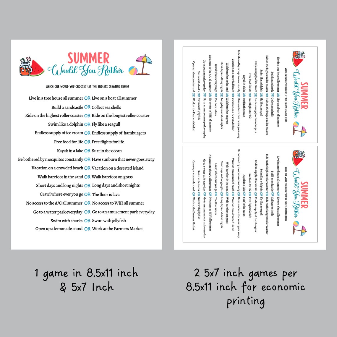 Summer Would You Rather Game Printable, Summer Camp Activity, Beach ...