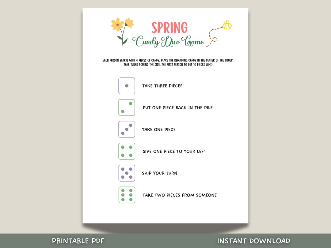 Spring Candy Dice Game Printable, Spring Activity Adults & Kids ...