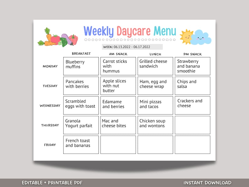 Daycare Weekly Menu Printable, Home Daycare Monthly Meal Planner ...