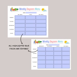 Daycare Weekly Menu Printable, Home Daycare Monthly Meal Planner ...