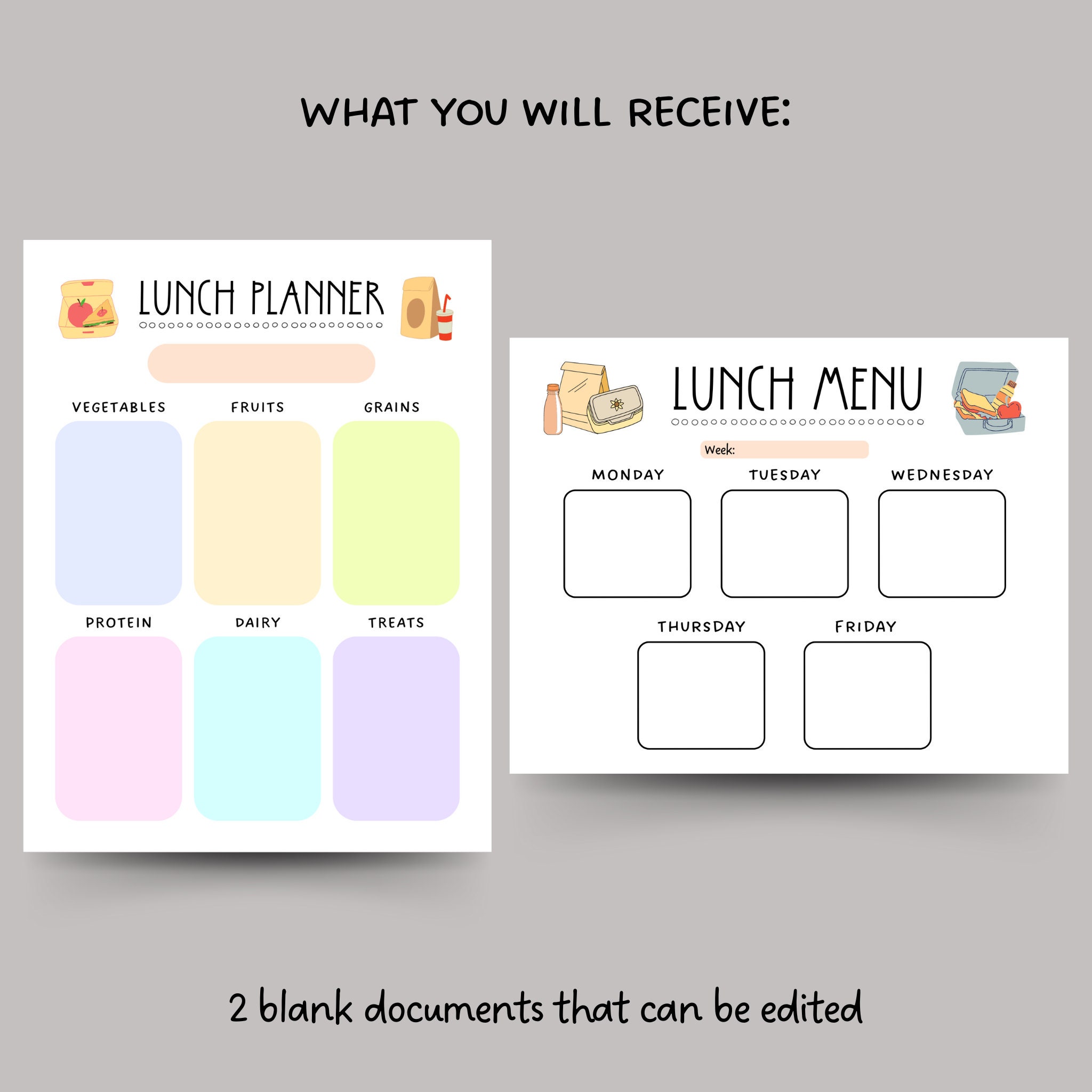School Lunch Meal Planner Printable, Editable Lunch Menu Kids, Weekly ...