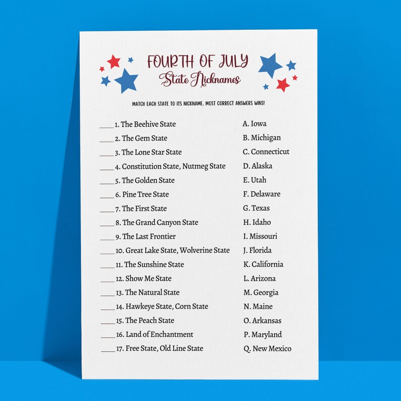 July 4th State Nicknames Game Printable, Independence Day Party Ideas ...