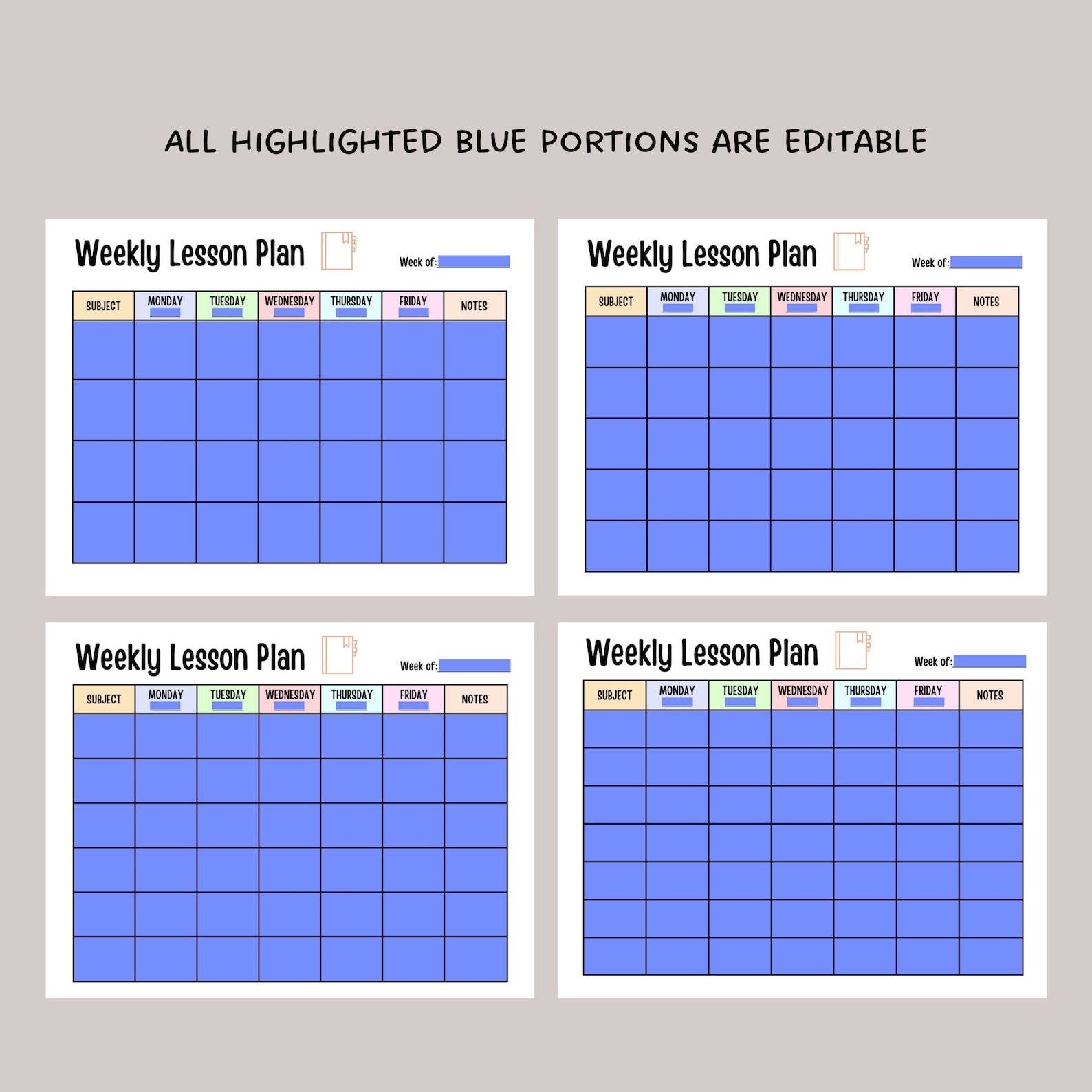Weekly Lesson Plan Printable, Editable Weekly School Schedule, Simple ...