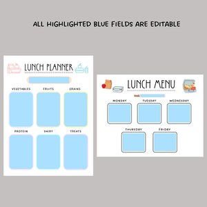 School Lunch Meal Planner Printable Editable Lunch Menu Kids - Etsy