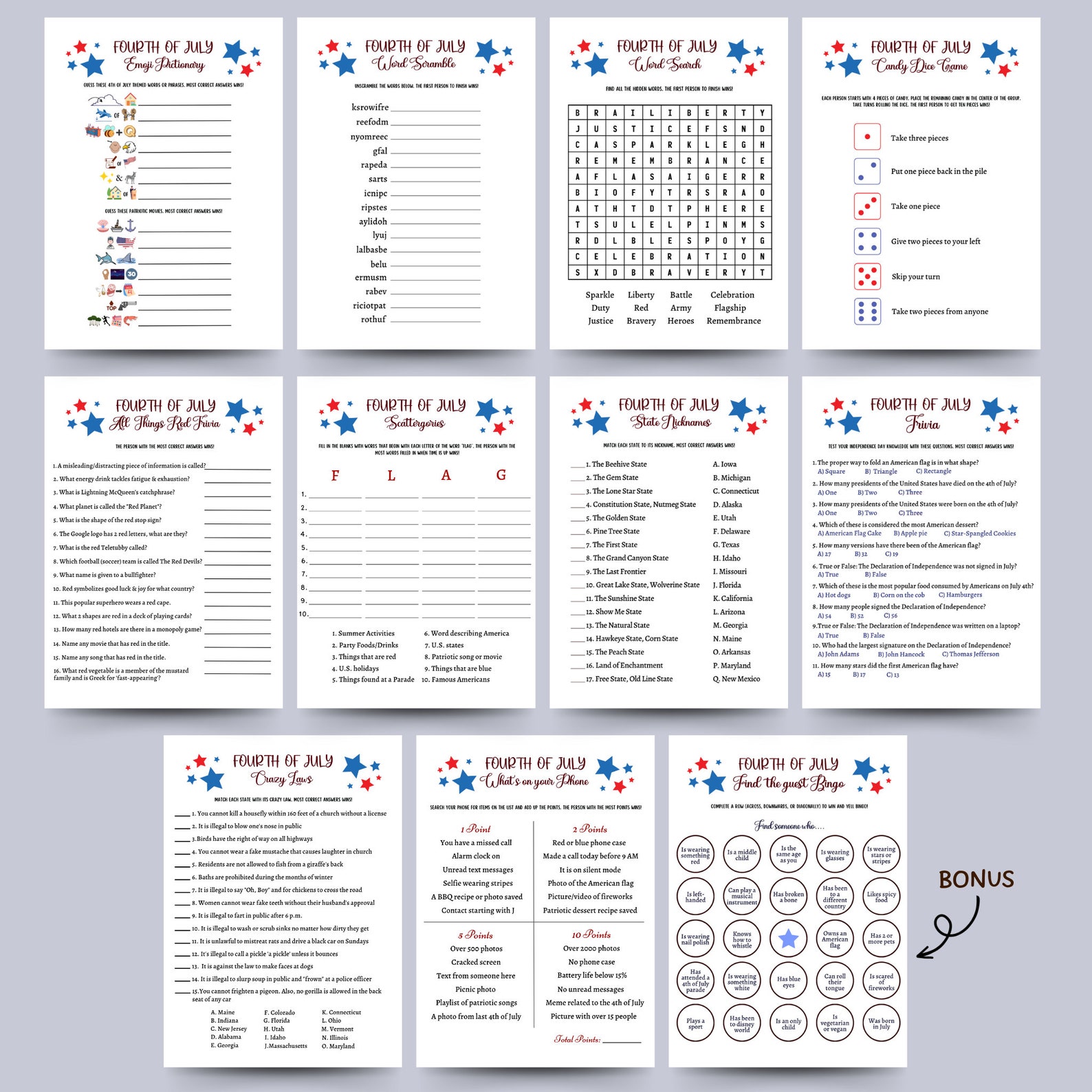 4th of July Games Printable, Independence Day Patriotic American Trivia ...