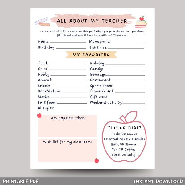 Get to Know Teacher Questionnaire - Etsy