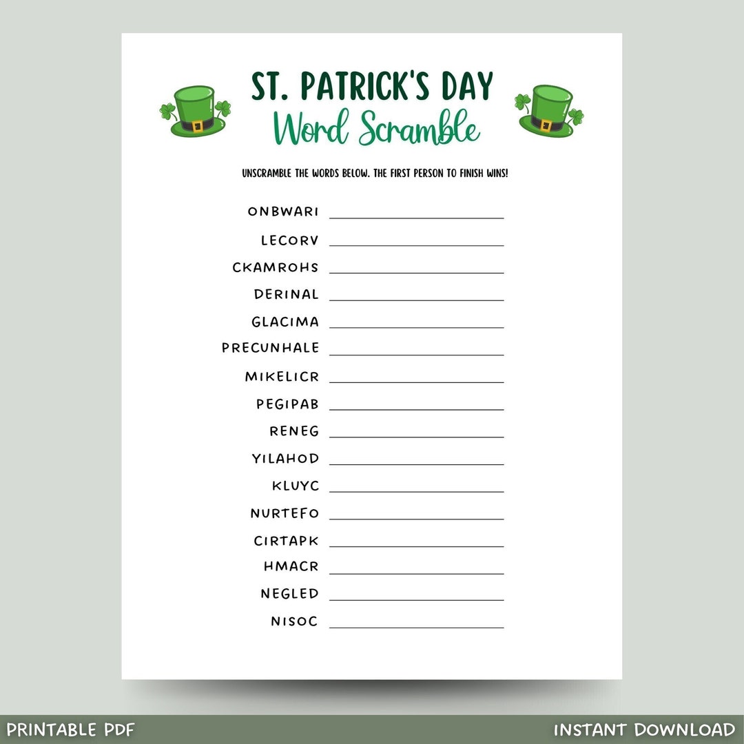St Patricks Day Word Scramble Game Printable, St. Pattys Day Unscramble ...