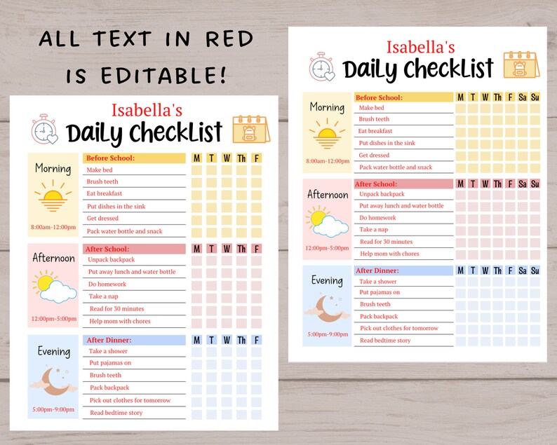 Kids Daily School Checklist Schedule Printable Editable Chore - Etsy