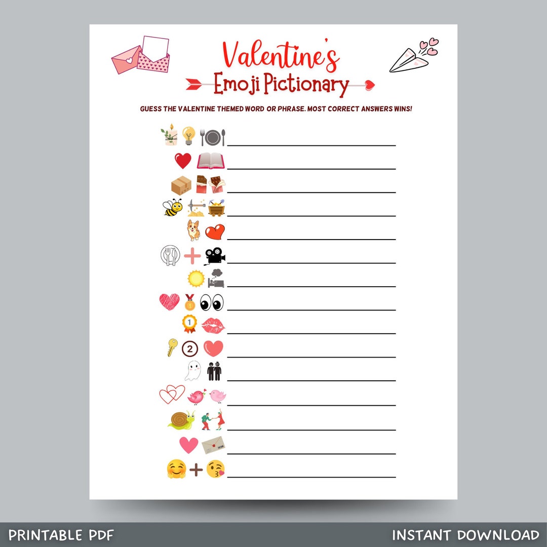 Valentine's Day Emoji Pictionary Game Printable, Fun Emoji Game for ...