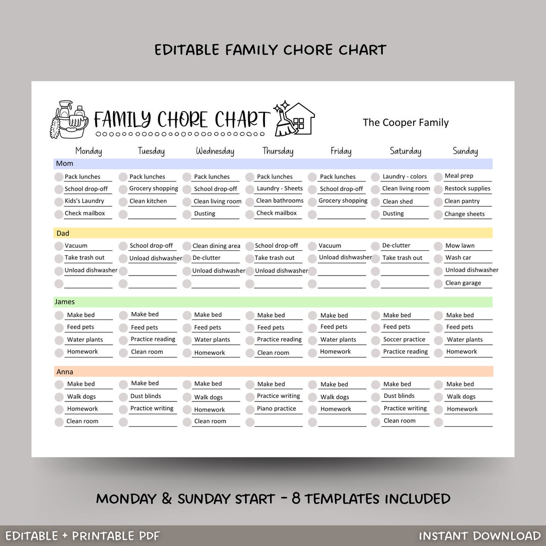 Family Chore Chart Printable, Editable Weekly Family Schedule, Cleaning ...