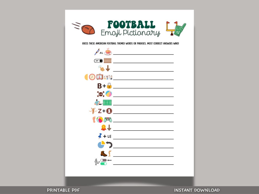 Football Emoji Pictionary Game Printable, Super Bowl Sunday Party Game ...