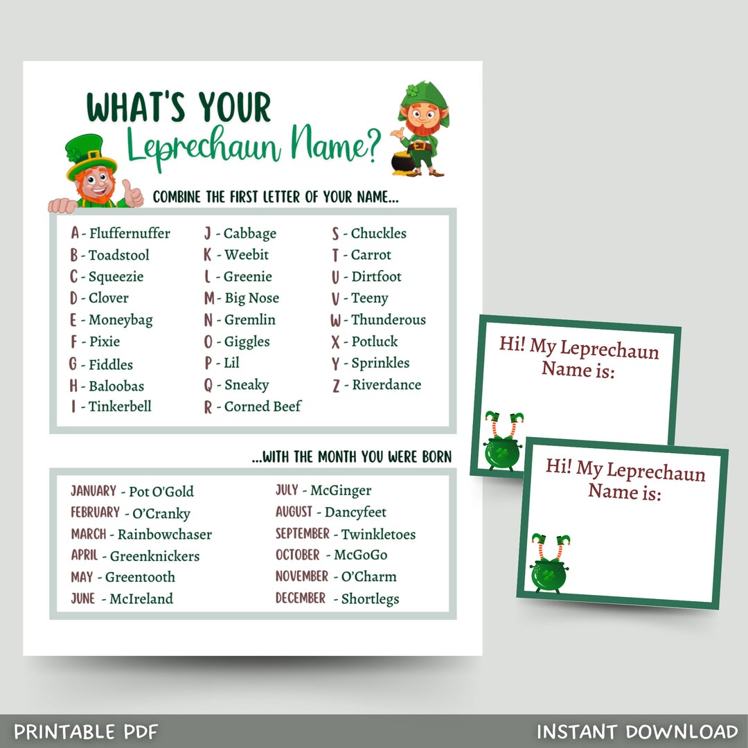 What's Your Leprechaun Name Game Printable, St. Patrick's Day Party ...