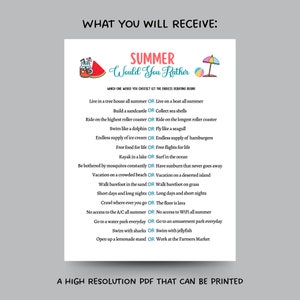 Summer Would You Rather Game Printable, Summer Camp Activity, Beach ...