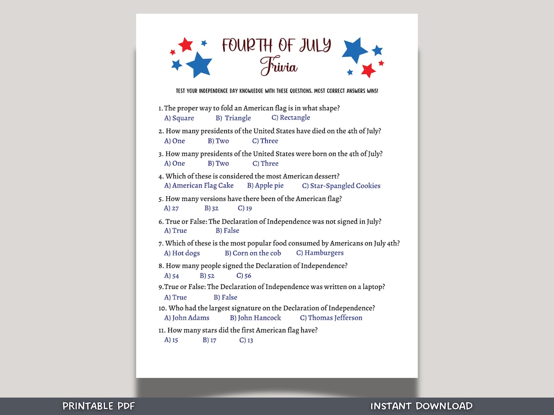 July 4th Trivia Game Printable, Independence Day Party Ideas, Family ...