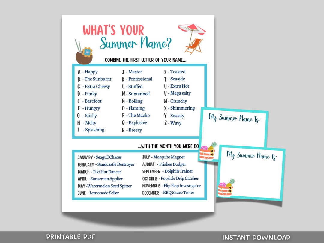 What’s Your Summer Name Game Printable, Pool Party Games, Summer Camp ...