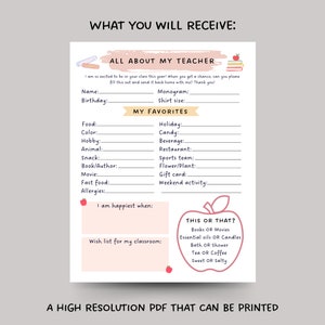 All About My Teacher Survey, Back to School Teacher Questionnaire ...