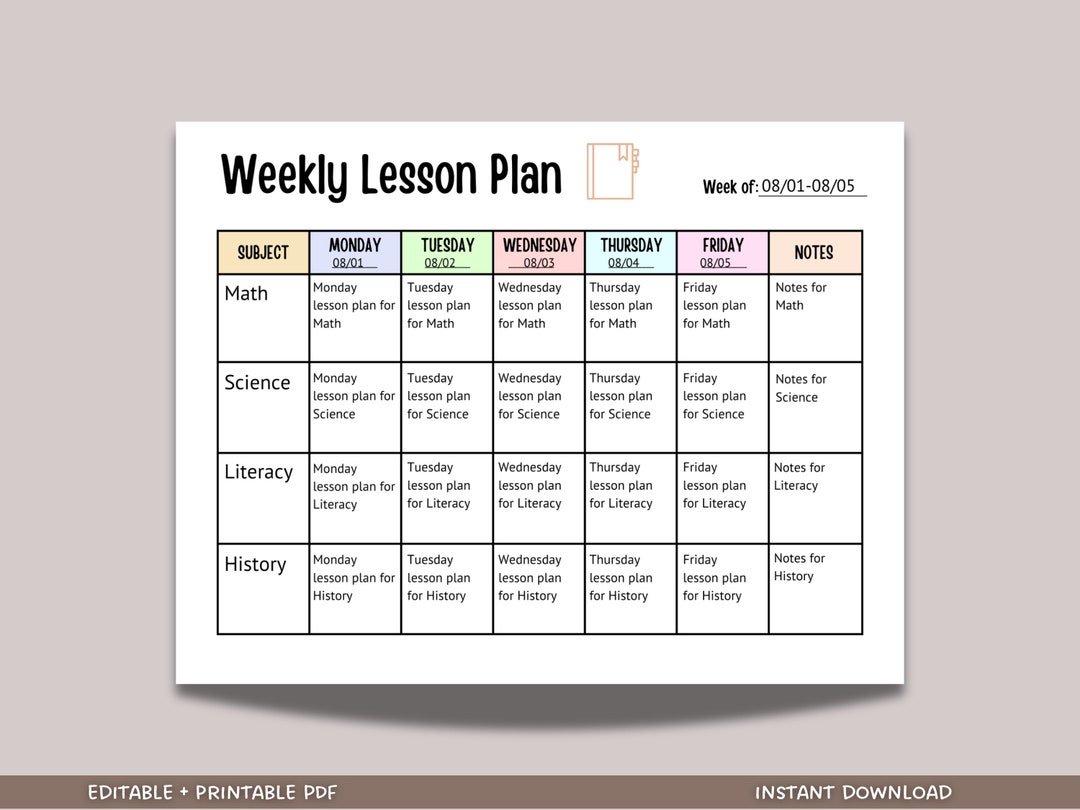 Weekly Lesson Plan Printable, Editable Weekly School Schedule, Simple ...
