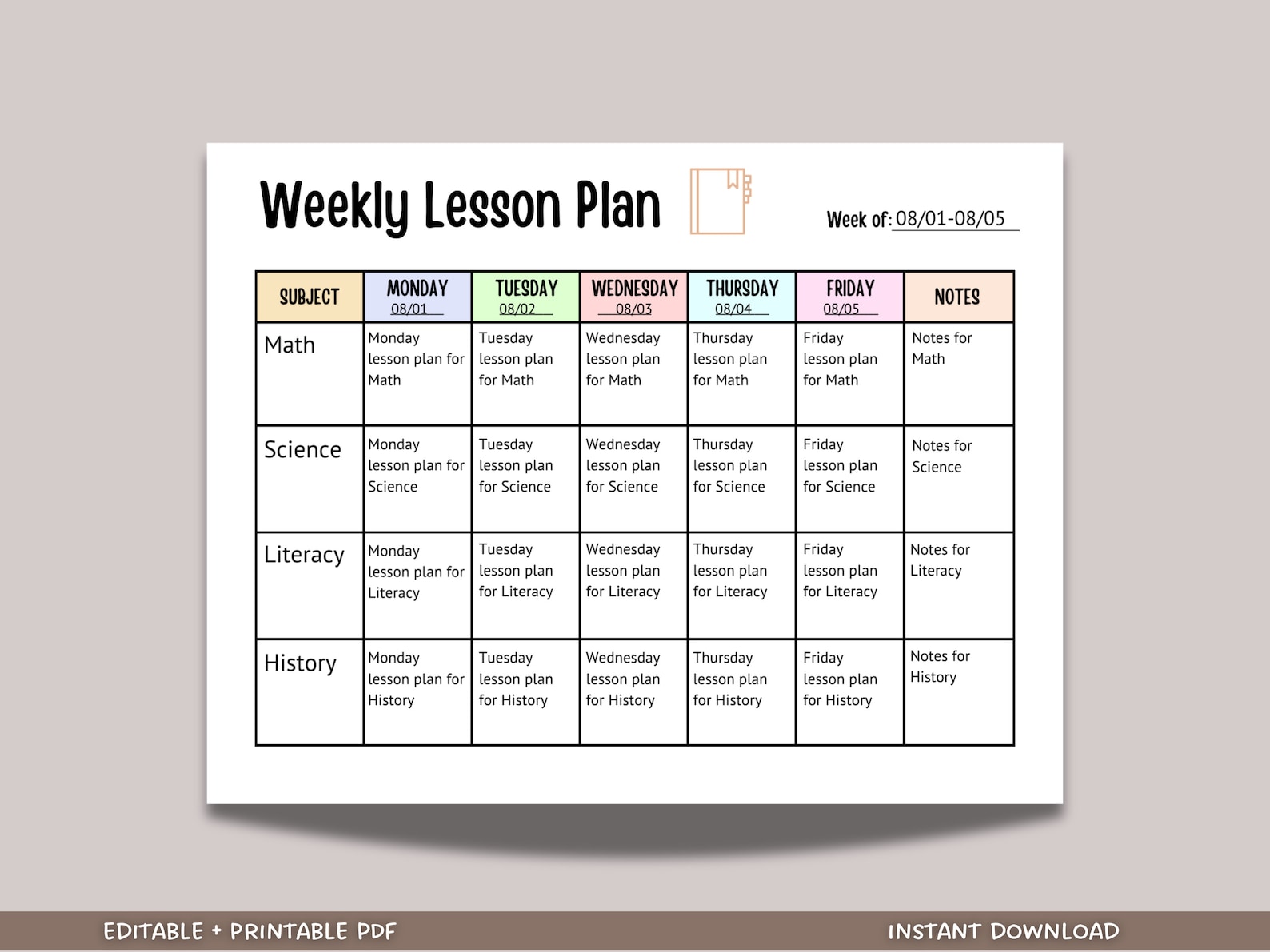 Weekly Lesson Plan Printable, Editable Weekly School Schedule, Simple ...
