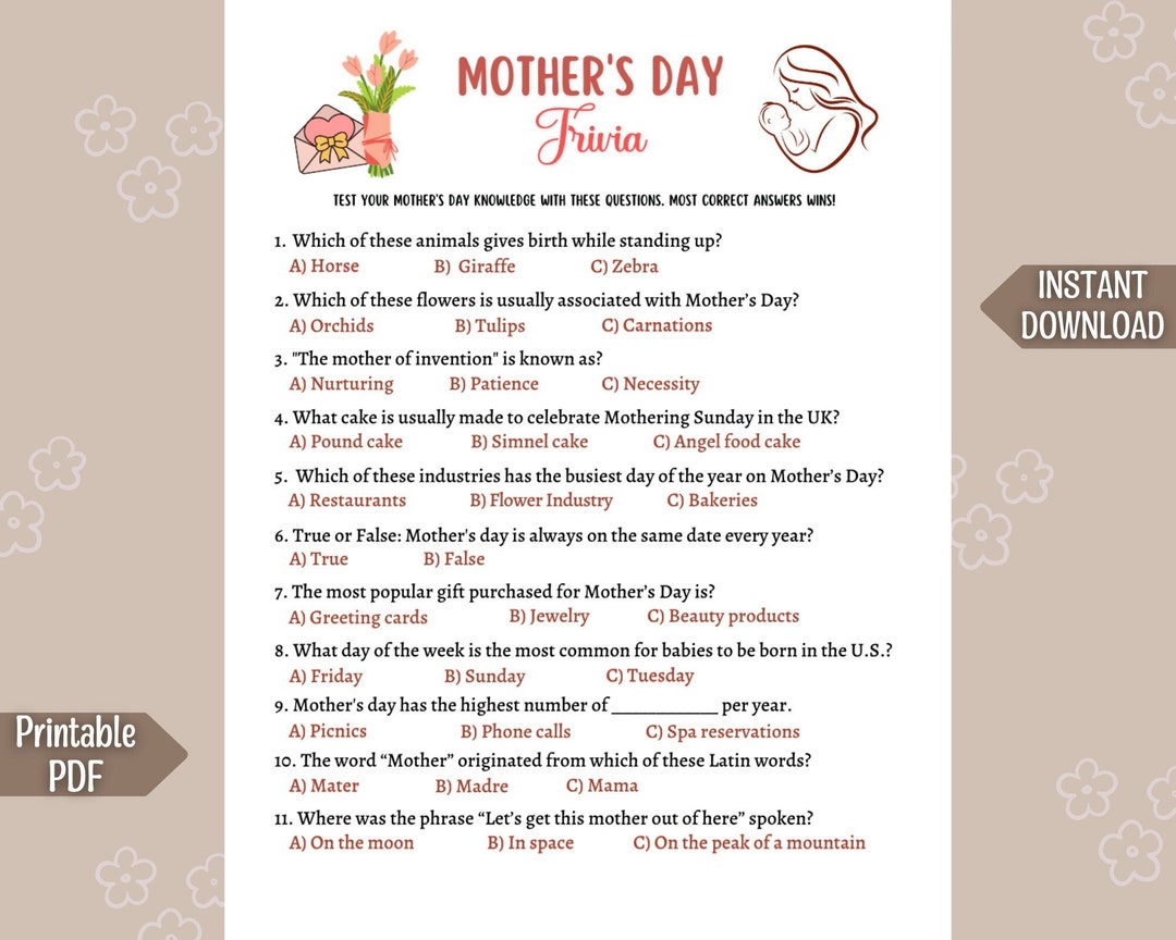 Mother's Day Trivia Game Printable Mothers Day Party - Etsy