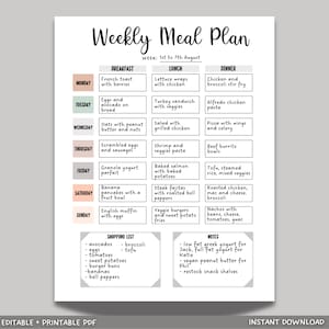 Printable Weekly Meal Planner, Minimalist Menu Planner, Editable Weekly ...