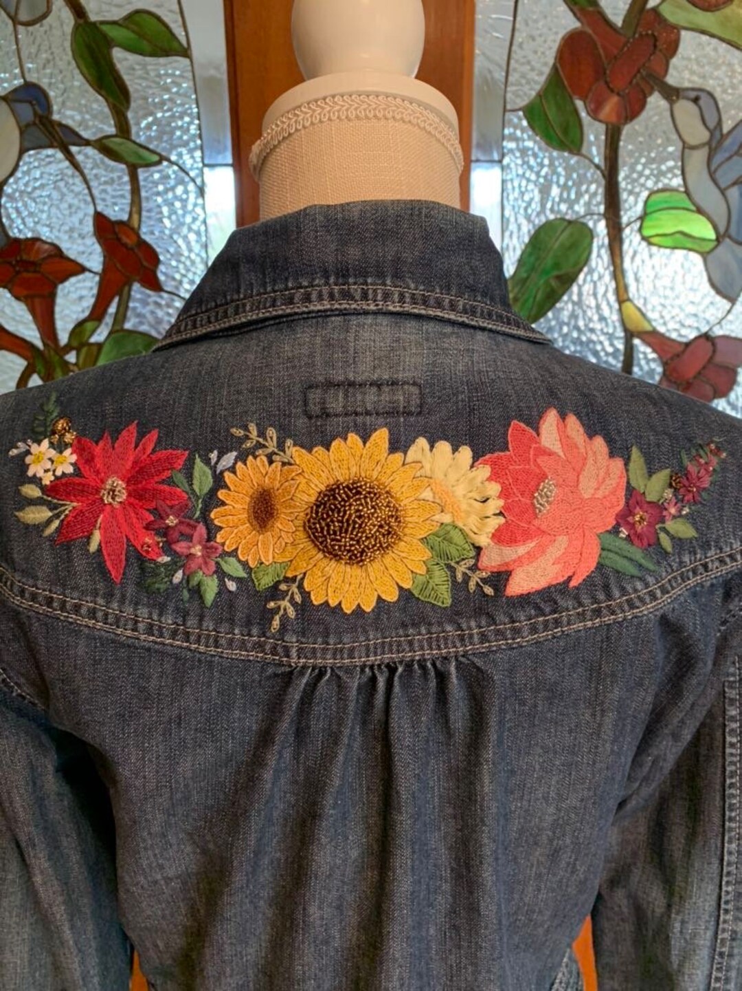 Denim Jacket - Women's Large - Hand-embroidered Flowers - Etsy
