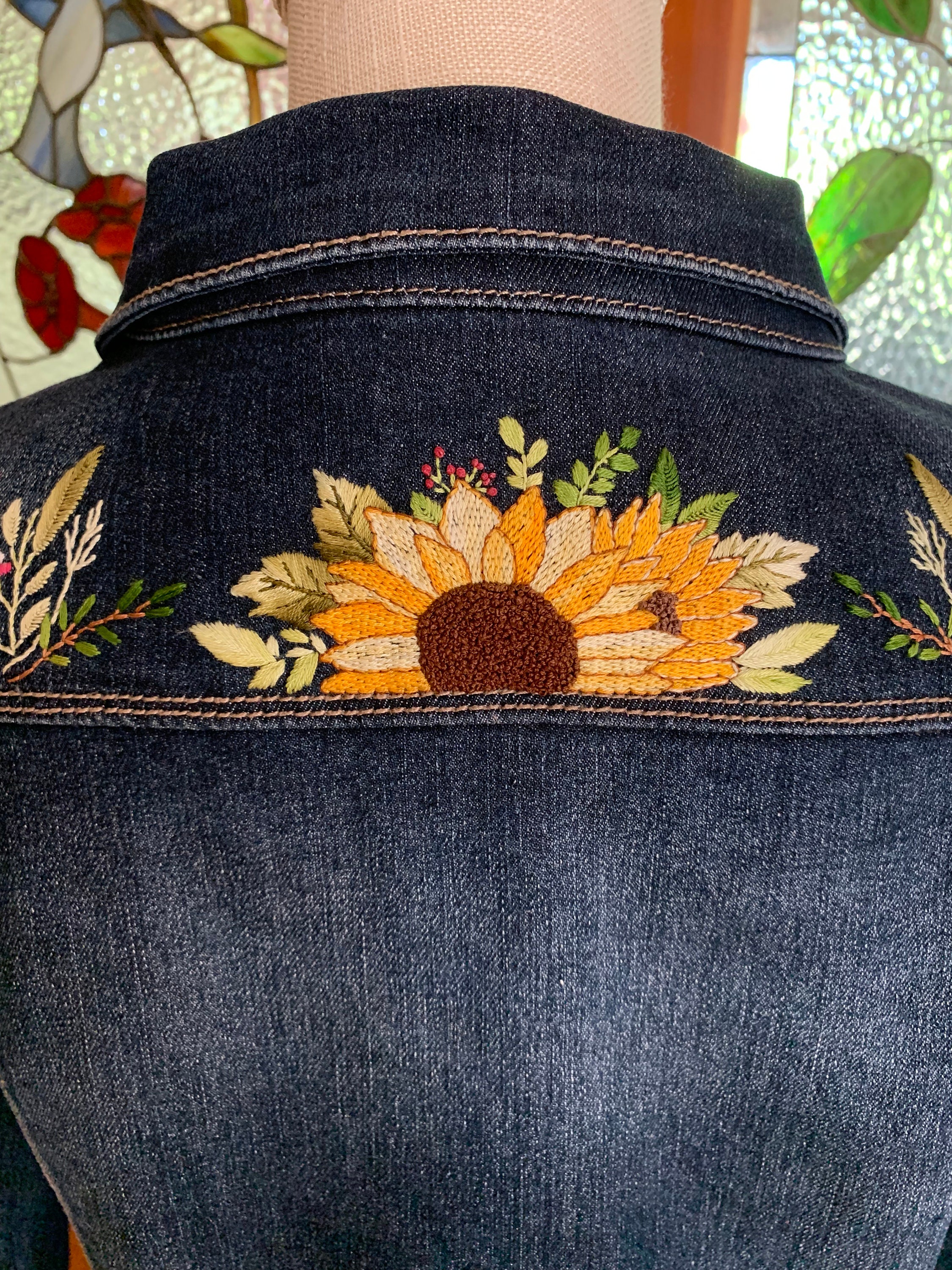 Denim Jacket Sunflower Sunset Women's Large Hand-embroidered - Etsy