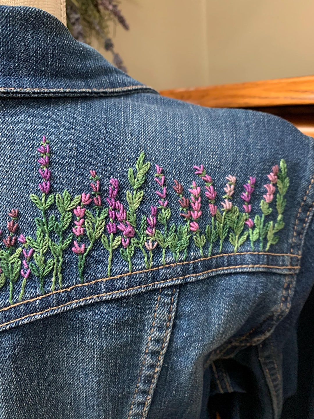 Denim Jacket - Lavender Field - Women's L - Hand-embroidered - Etsy