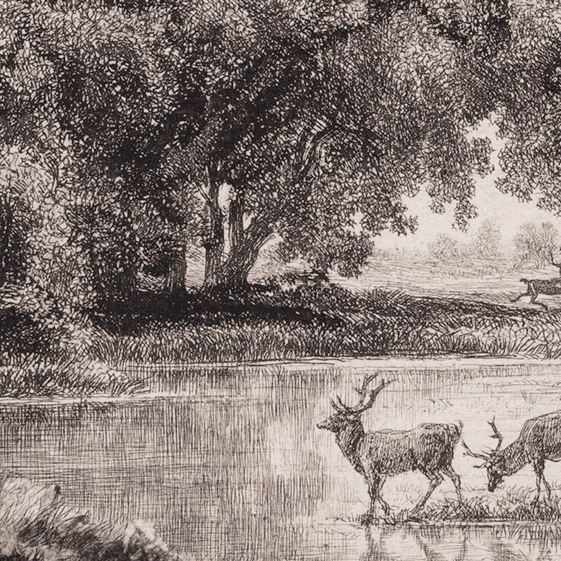Vintage Landscape Drawing Printable Deer Wall Art Pond Wall - Etsy