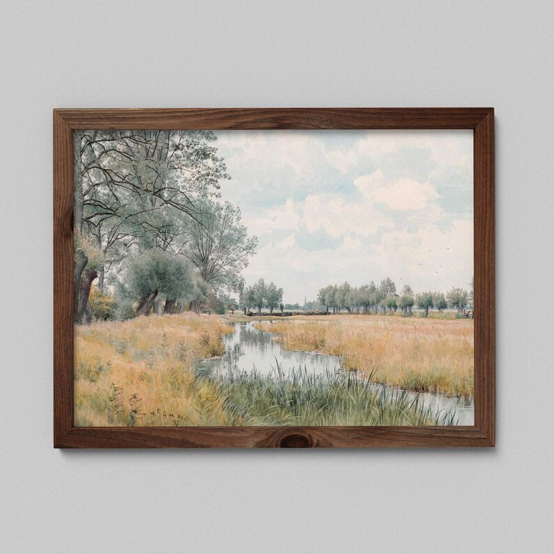 River Landscape Printable Vintage Art River Watercolor Wall | Etsy