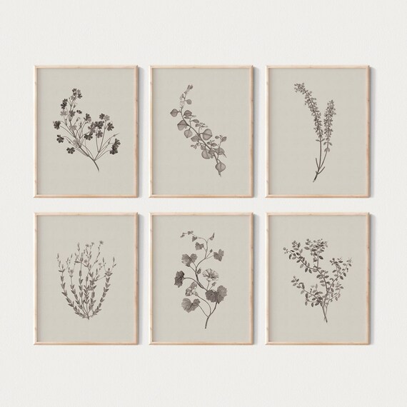 Neutral Botanical Gallery Print Set Printable Flower Wall | Etsy