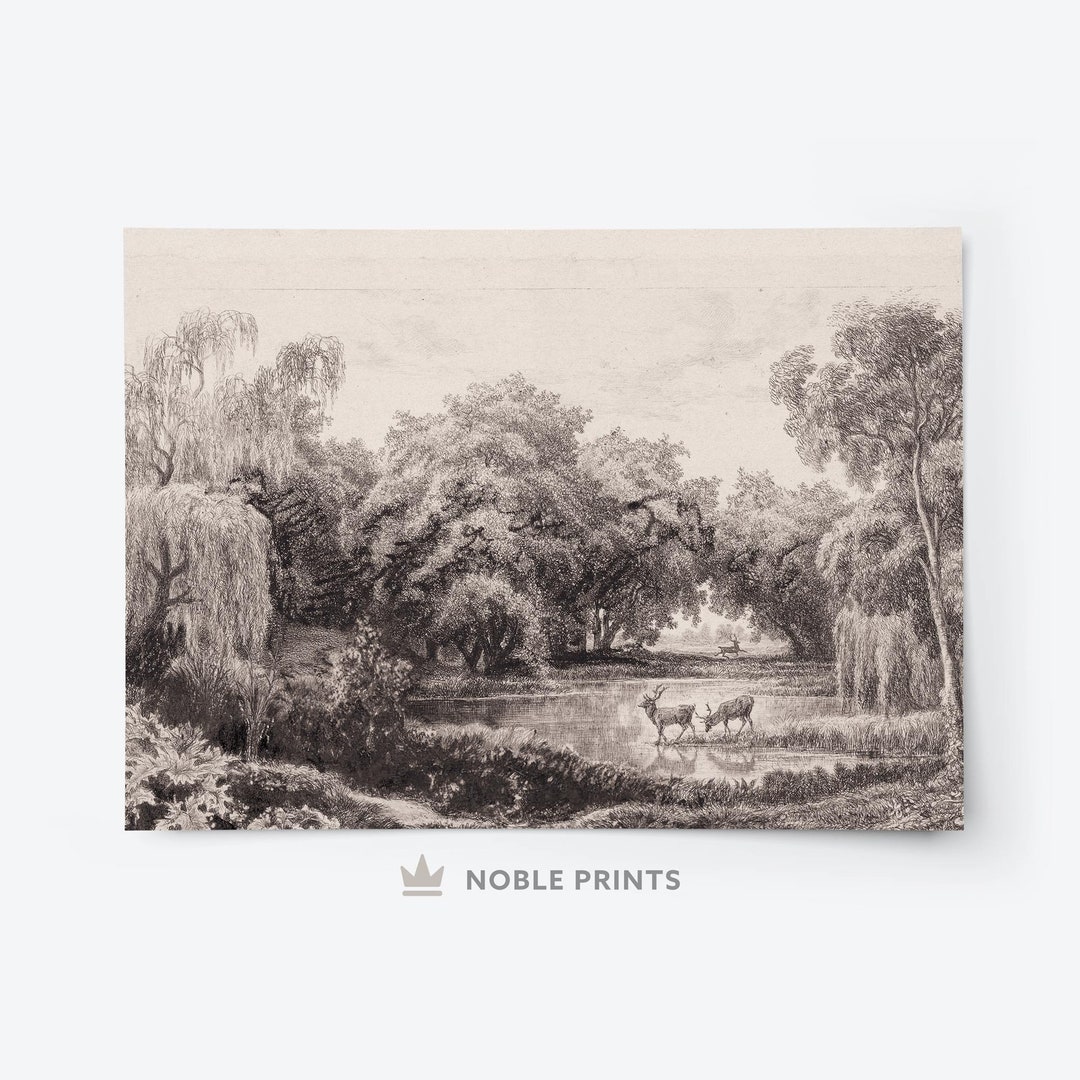 Vintage Landscape Drawing, Printable, Deer Wall Art, Pond Wall Art ...