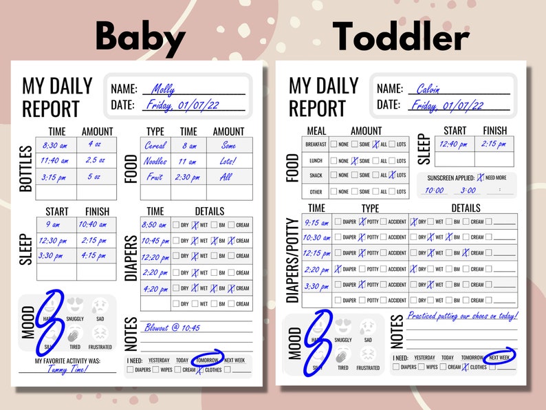 Baby & Toddler Daily Log for Home, Daycare, Nanny, or Babysitter ...