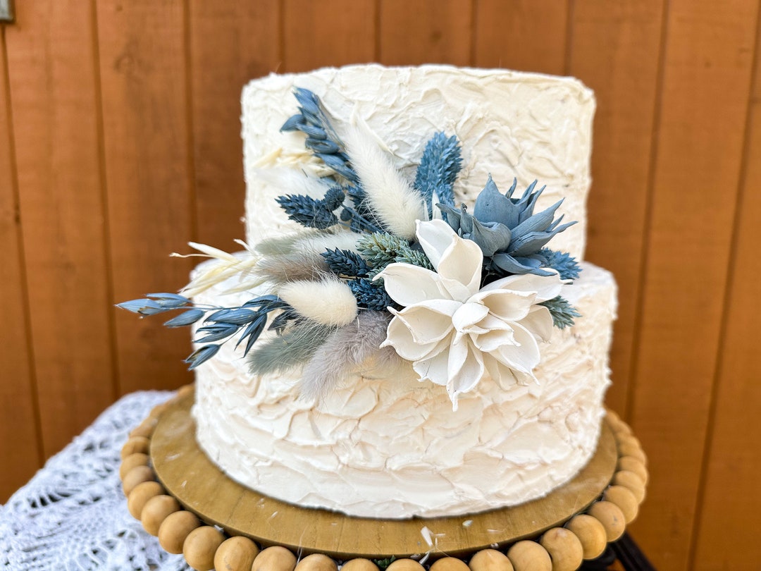 Boho Cake Flowers in Light and Dark Dusty Blue and White, for Wedding ...
