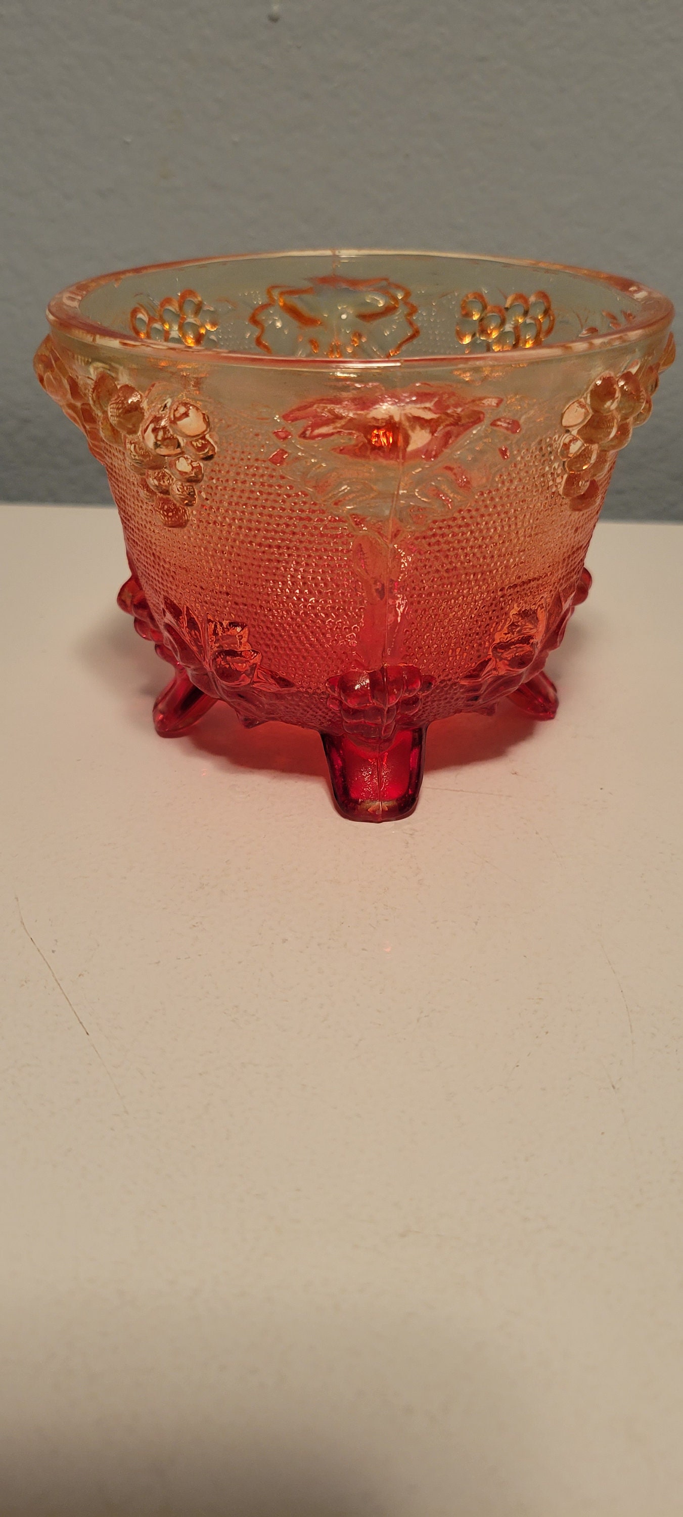 Vintage Jeanette Harvest Grapes Amber Red Footed Carnival Glass Candy ...