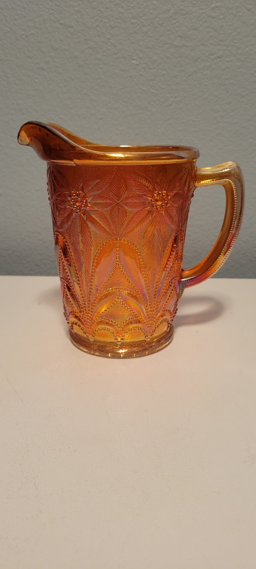 Vintage Carnival Glass Pitcher Brilliant Marigold Iridescent Art Glass ...