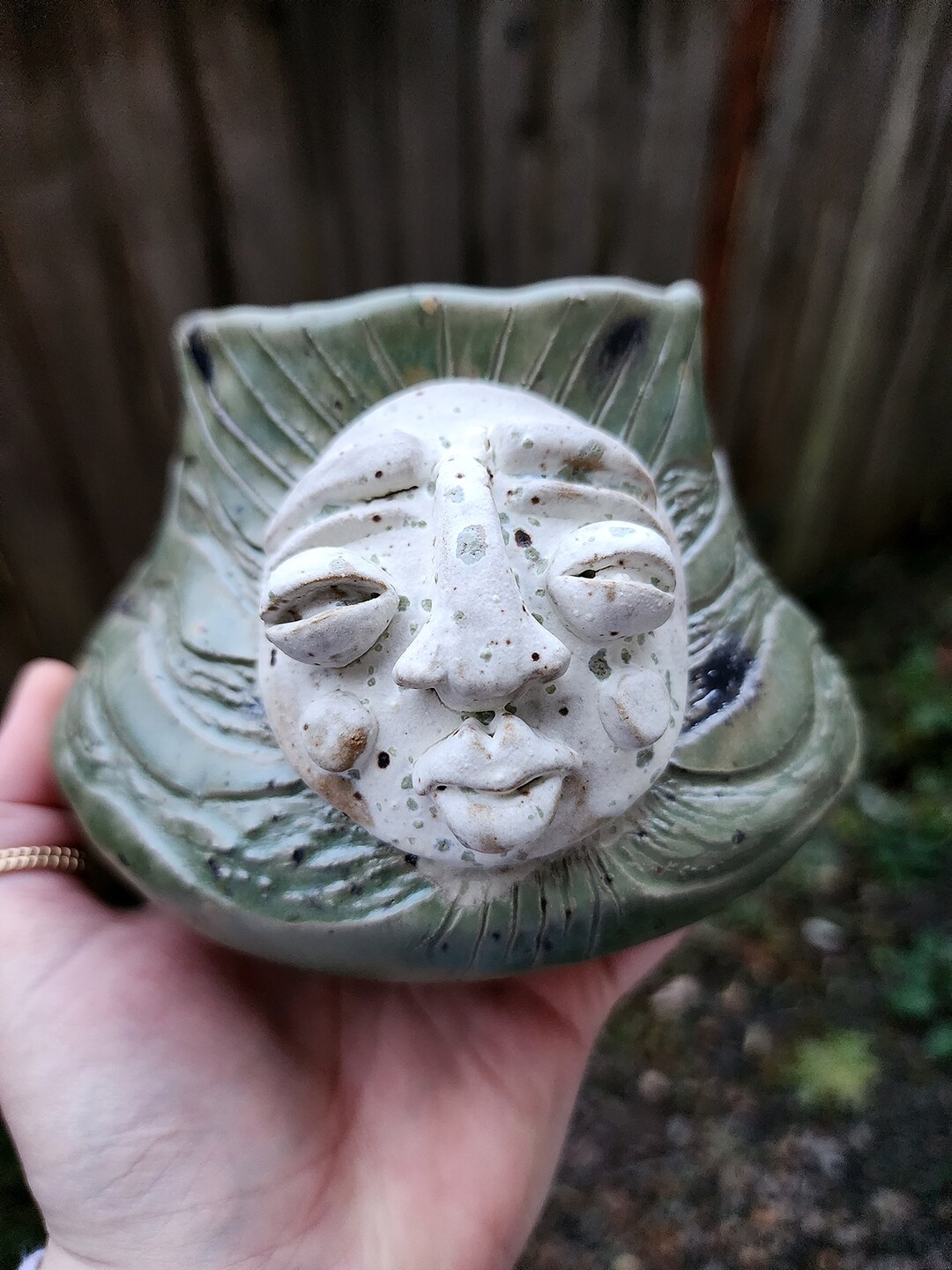 Rustic Sun Face Ceramic Vase or Vessel Mint Green With Speckled White ...