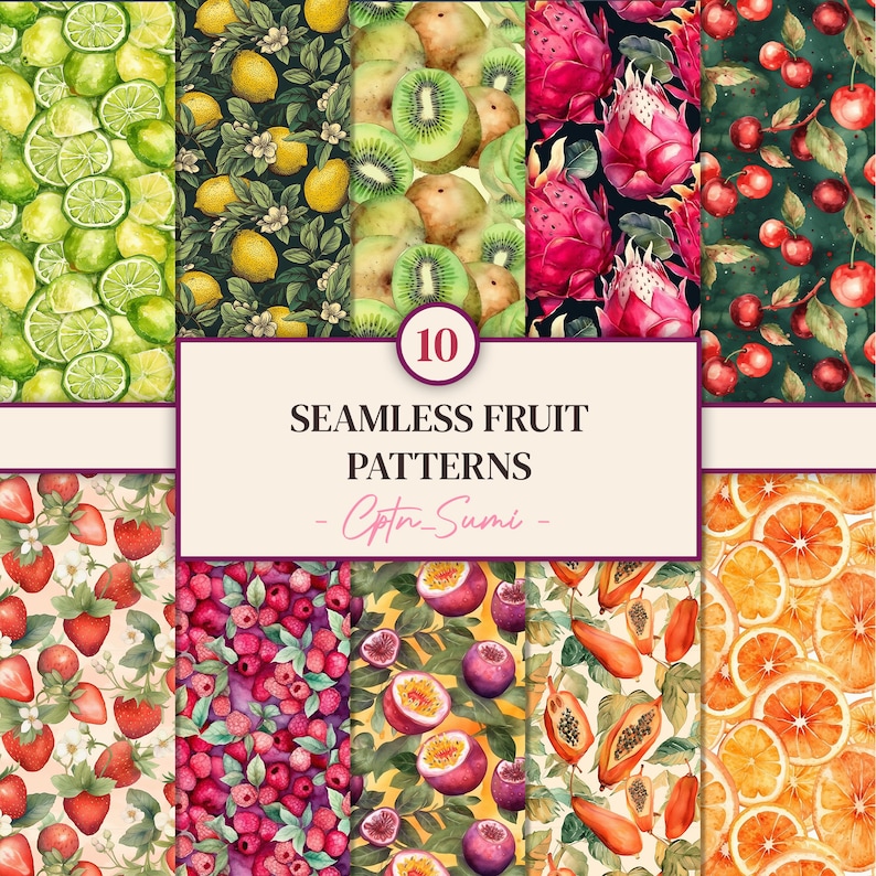 Watercolor Fruit Seamless Patterns, Colorful Digital Paper (1024x1024 ...