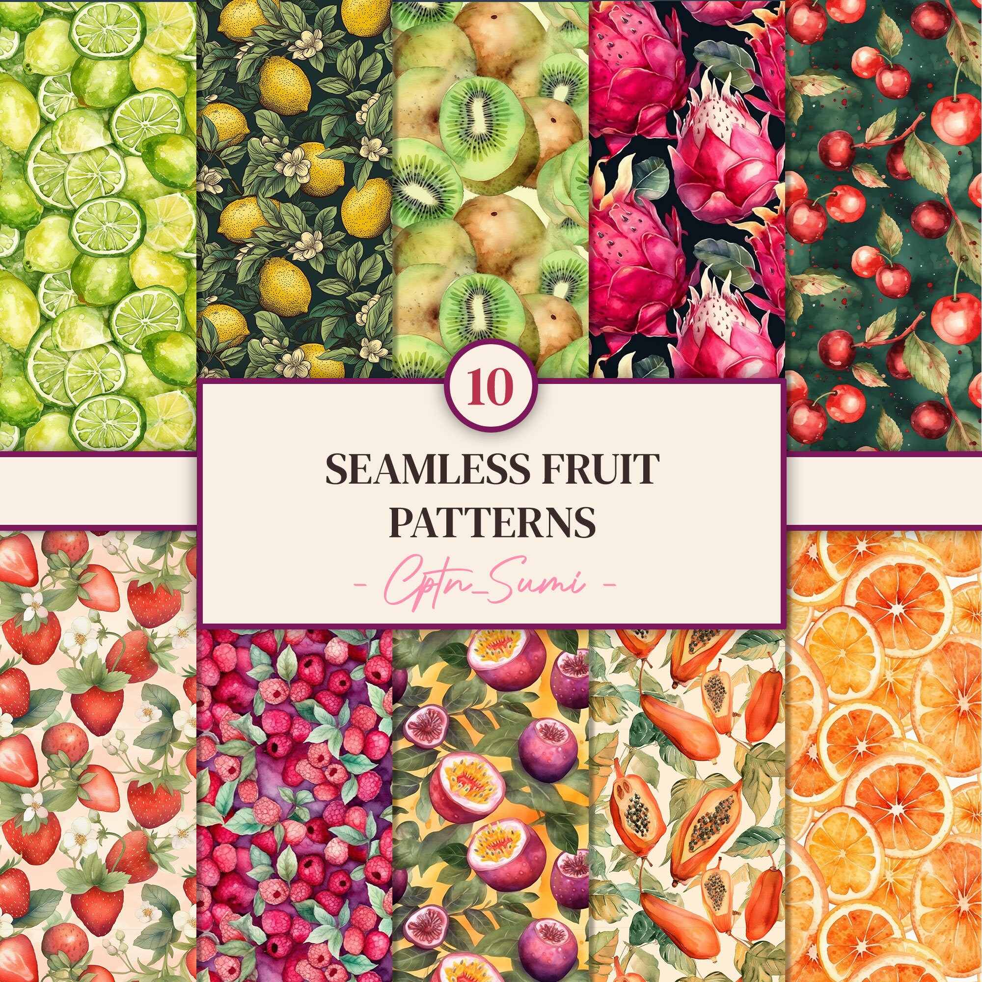 Watercolor Fruit Seamless Patterns, Colorful Digital Paper (1024x1024 ...