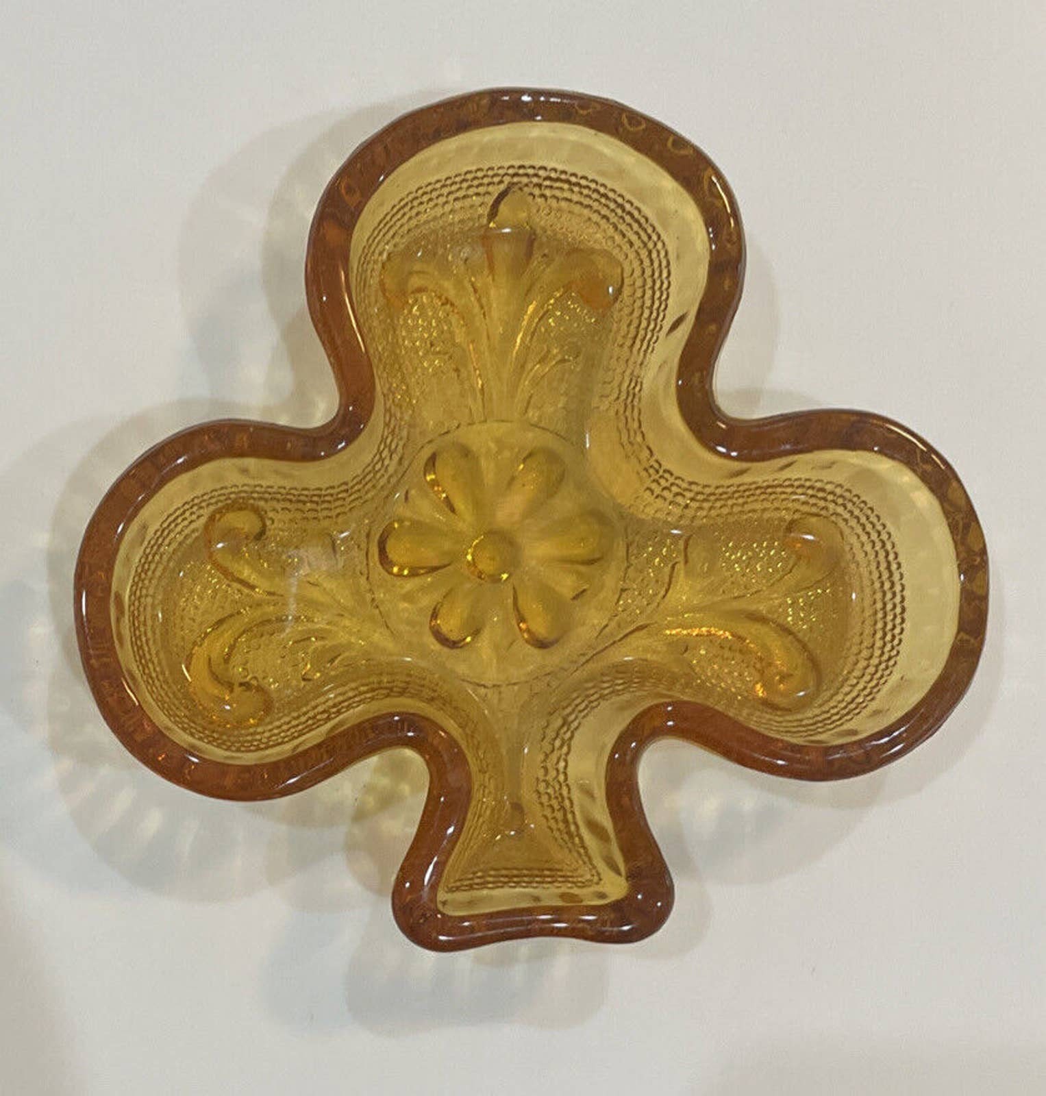 Indiana Glass Tiara Amber Trinket Ring Nut Dish Clover Club Shape ...