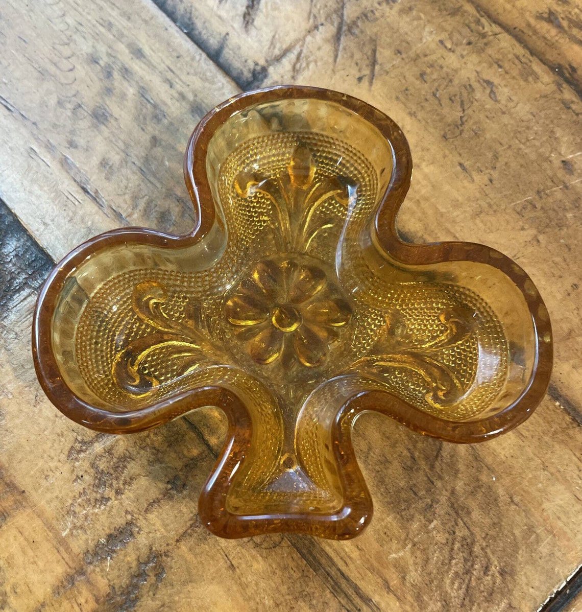 Indiana Glass Tiara Amber Trinket Ring Nut Dish Clover Club Shape ...