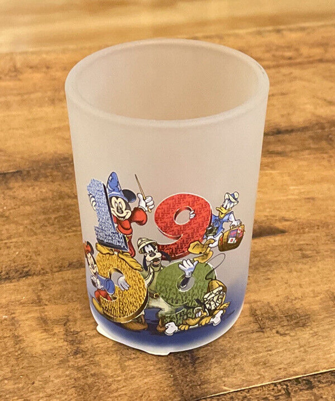 Vintage 1999 WALT DISNEY Small Frosted Whiskey Shot Glass Blue Bottom 3 ...